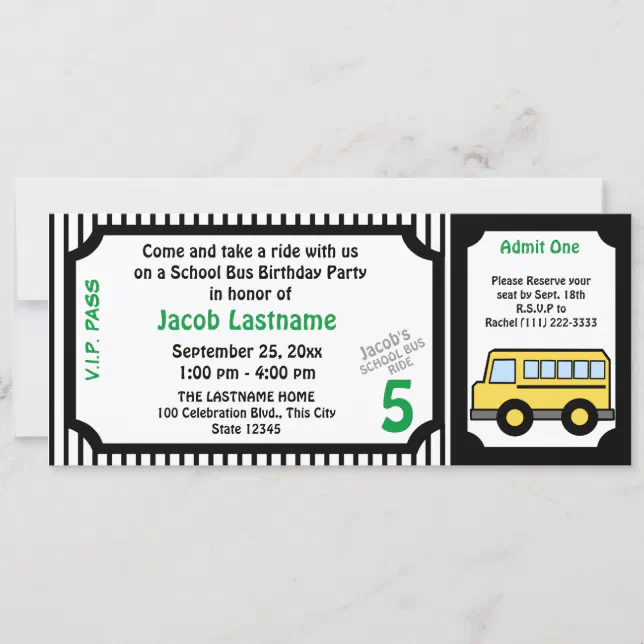 School Bus Ride Birthday Bus Ticket Invitation | Zazzle
