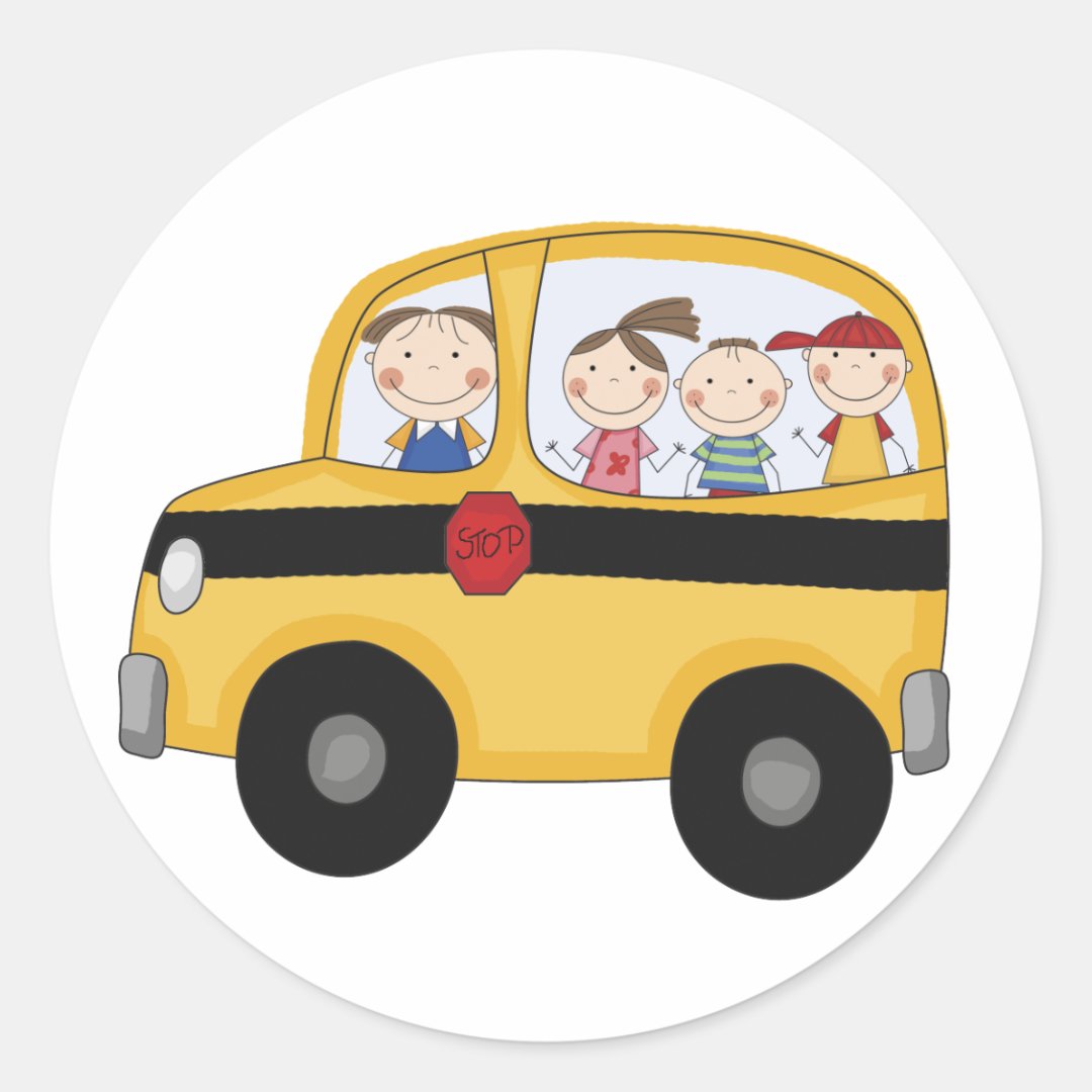 School Bus with Kids T-shirts and Gifts Classic Round Sticker | Zazzle