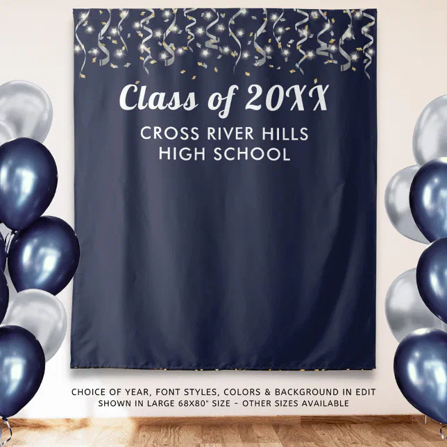 School Class Year Photo Backdrop Navy Blue Silver | Zazzle