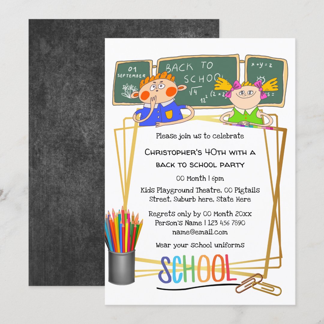 School classroom blackboard cartoon kids colorful invitation | Zazzle