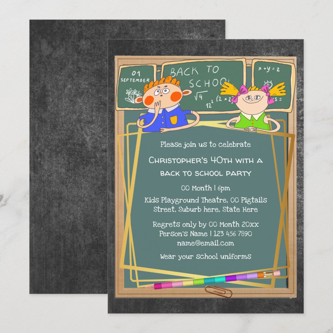 School classroom cartoon kids adult party invitation | Zazzle