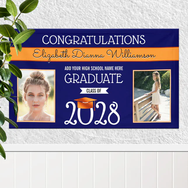 School Colors Blue and Orange Graduation Banner | Zazzle