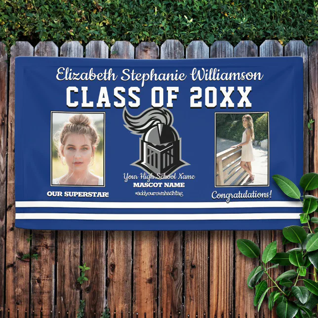 School Colors Blue and White Graduation Banner | Zazzle