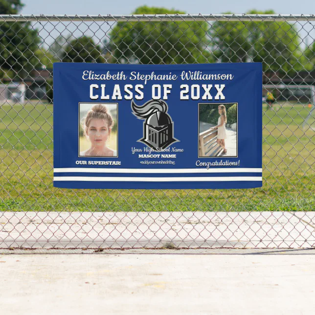 School Colors Blue and White Graduation Banner | Zazzle