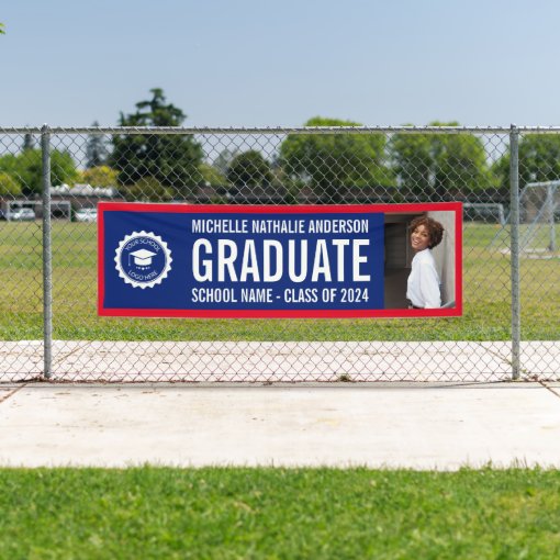 School logo Graduation Photo Blue Red Banner | Zazzle