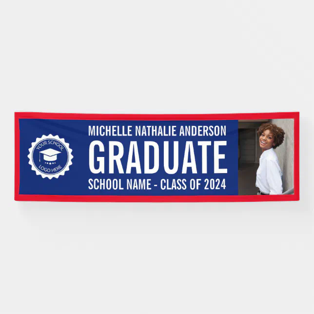 School logo Graduation Photo Blue Red Banner | Zazzle