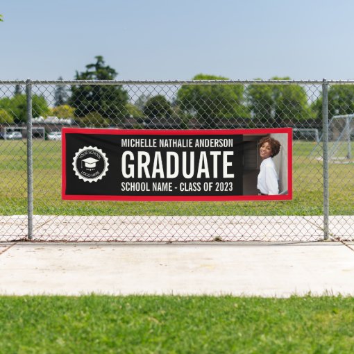 School logo Graduation Photo Party Black Red Banner | Zazzle