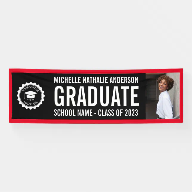 School logo Graduation Photo Party Black Red Banner | Zazzle