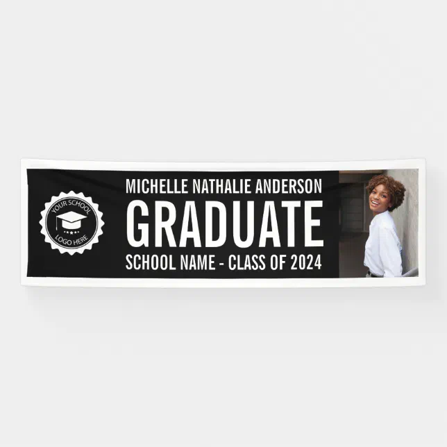 School logo Graduation Photo Party Black White Banner | Zazzle
