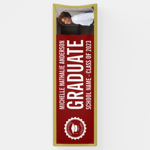 School logo Graduation Photo Party Maroon and Gold Banner | Zazzle