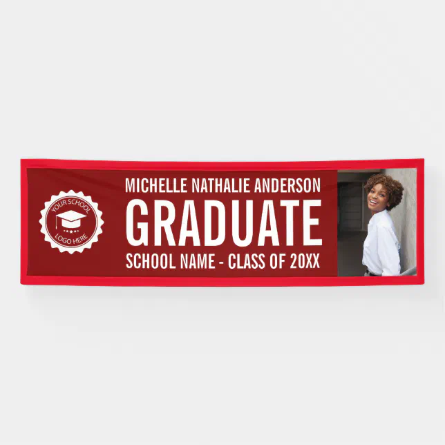 School logo Graduation Photo Party Maroon and Red Banner | Zazzle