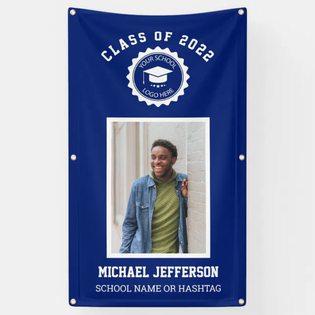 School logo or mascot Blue Photo Graduation Banner | Zazzle