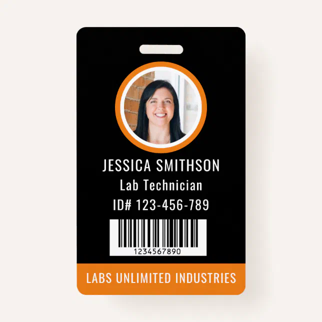 School or Business Photo ID Orange Black Badge | Zazzle