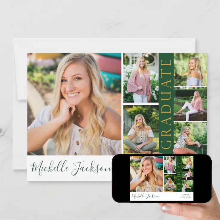 School Spirit 6 Photo Graduation Green G Announce Invitation | Zazzle