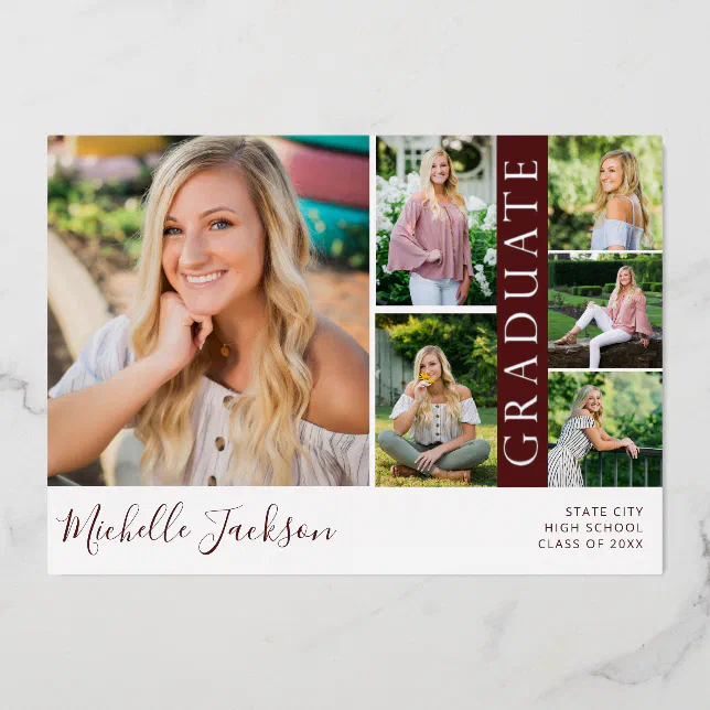School Spirit 6 Photo Graduation Maroon Announce Foil Invitation | Zazzle