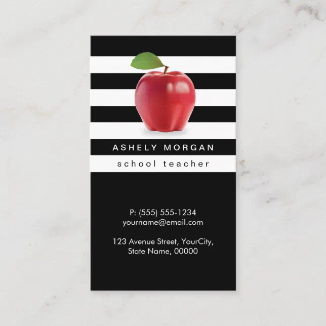 School Teacher Apple Elegant Black White Stripes Business Card | Zazzle