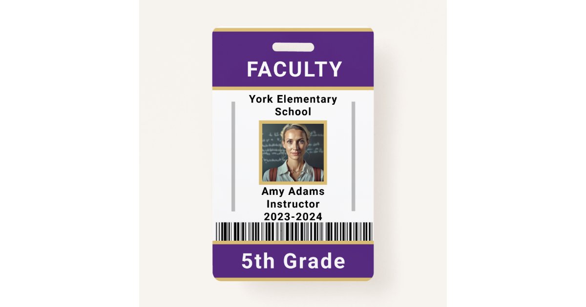 School Teacher ID Badge Template W/ Barcode Purple | Zazzle
