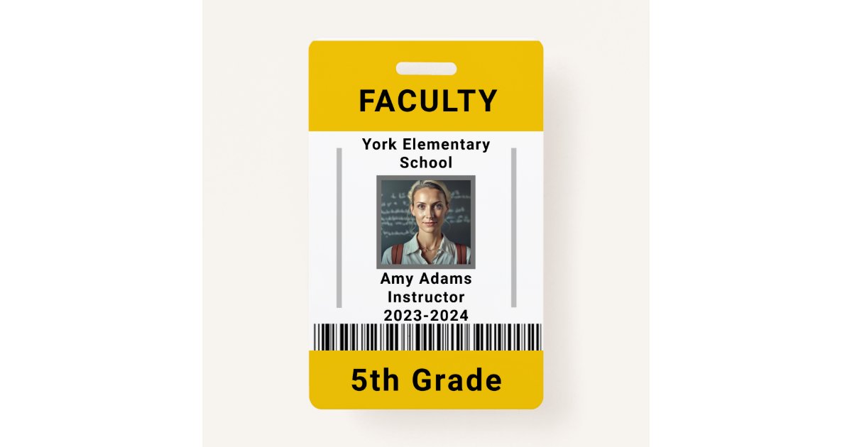 School Teacher ID Badge Template W/ Barcode Yellow | Zazzle