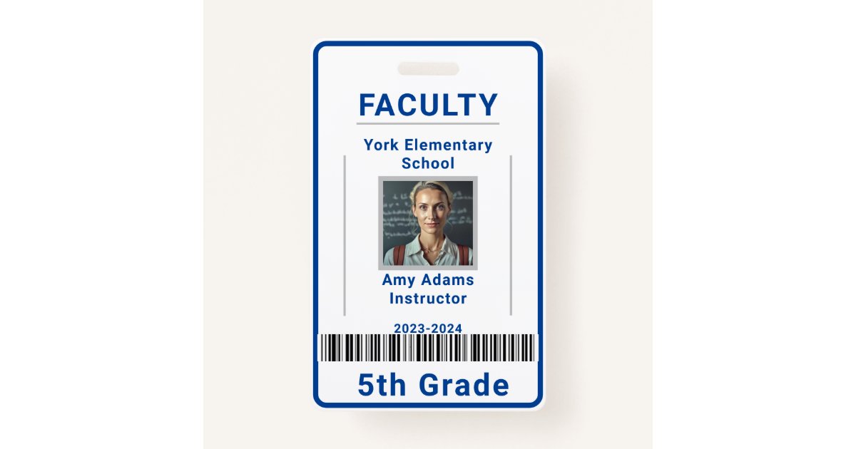 School Teacher ID Badge Template With Barcode Blue | Zazzle