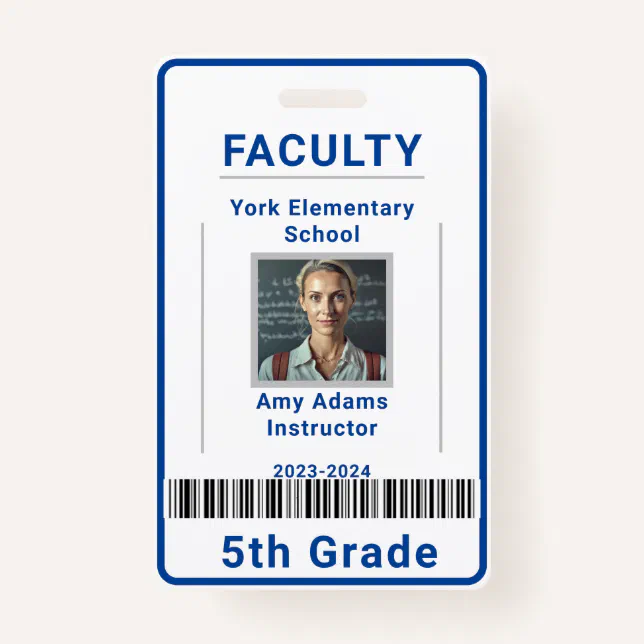 School Teacher ID Badge Template With Barcode Blue | Zazzle