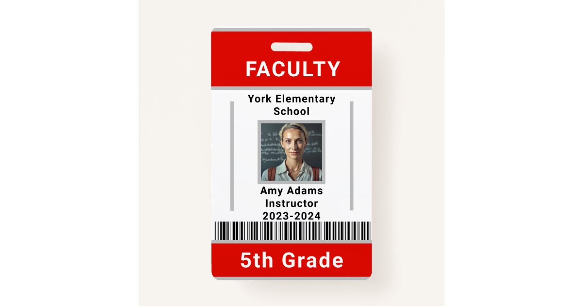 School Teacher ID Badge Template With Barcode Red | Zazzle