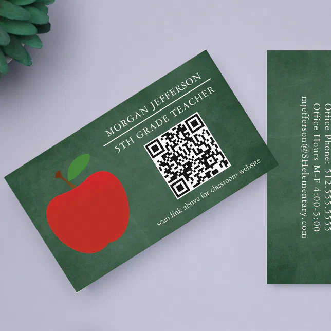 School Teacher Red Apple Chalkboard QR Code Business Card | Zazzle