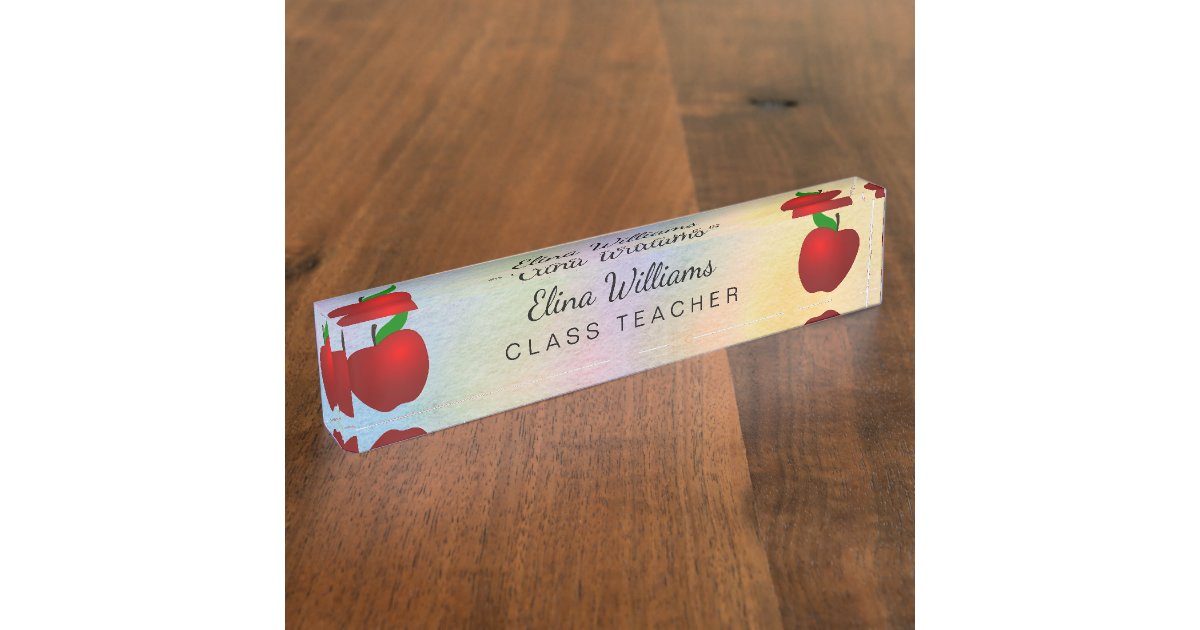 School Teacher Red Apple Watercolor Desk Name Plate | Zazzle