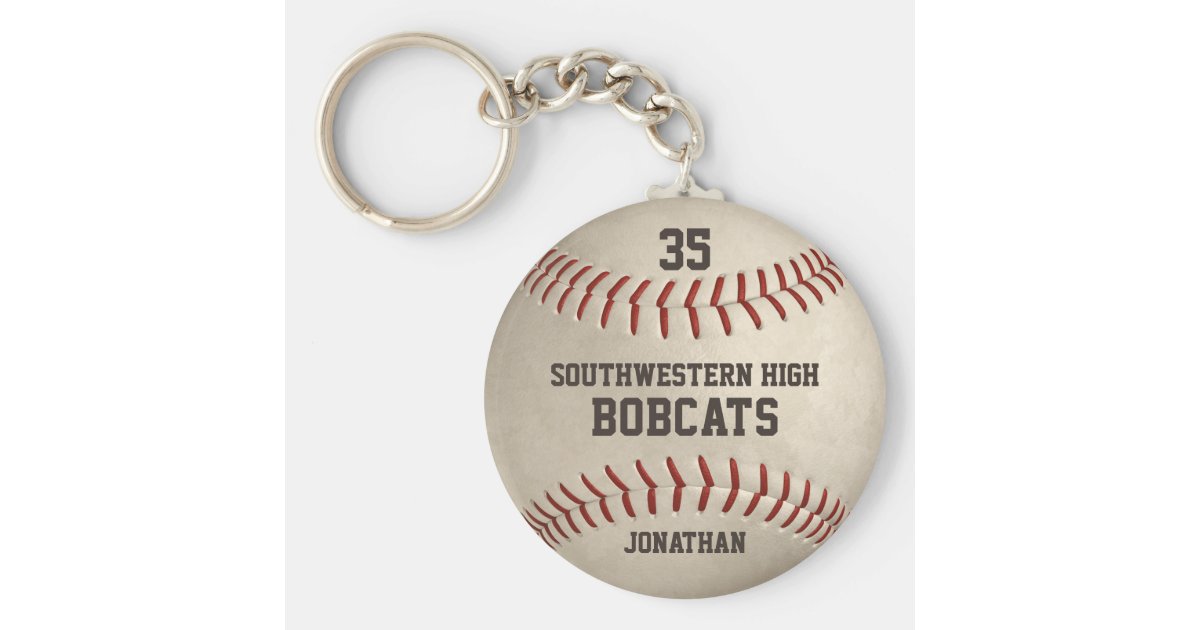 School team and player name dirty baseball keychain | Zazzle