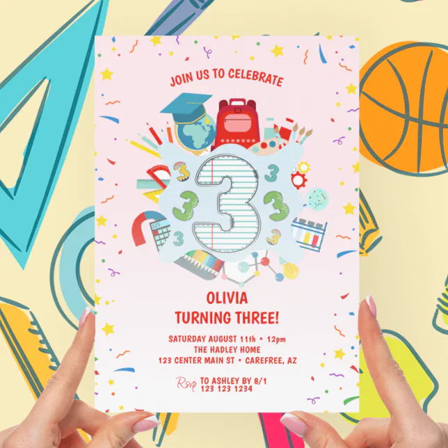 School Themed Pink 3rd Birthday Party Invitation | Zazzle