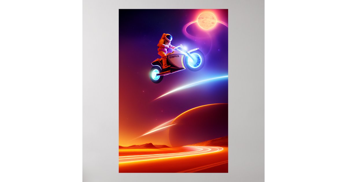 Sci-Fi Astronaut Motor Bike Jump Planet Hop Poster | Zazzle