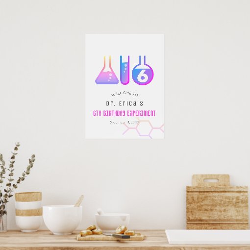 Science Experiment Neon Pink Girl Birthday Welcome Poster | Zazzle