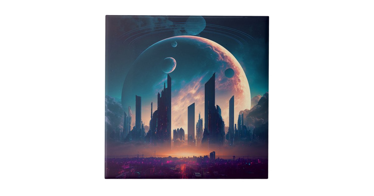 Science Fiction Cyberpunk Space City Ceramic Tile | Zazzle