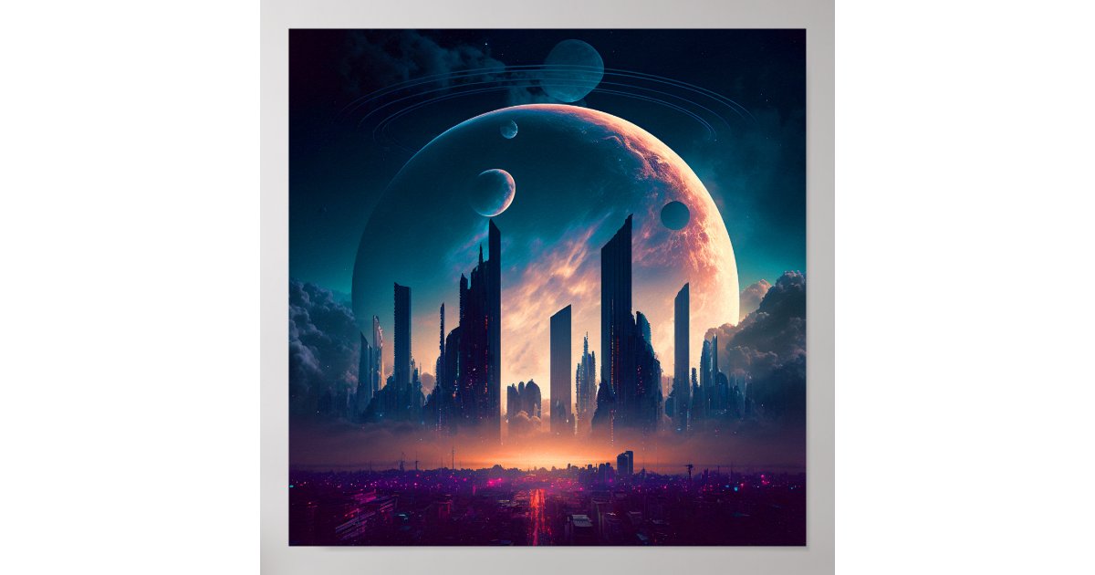 Science Fiction Cyberpunk Space City Poster | Zazzle