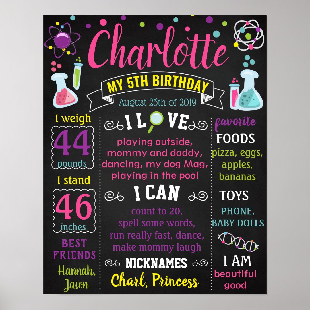 Science Mad Scientist Girl Birthday chalkboard Poster | Zazzle