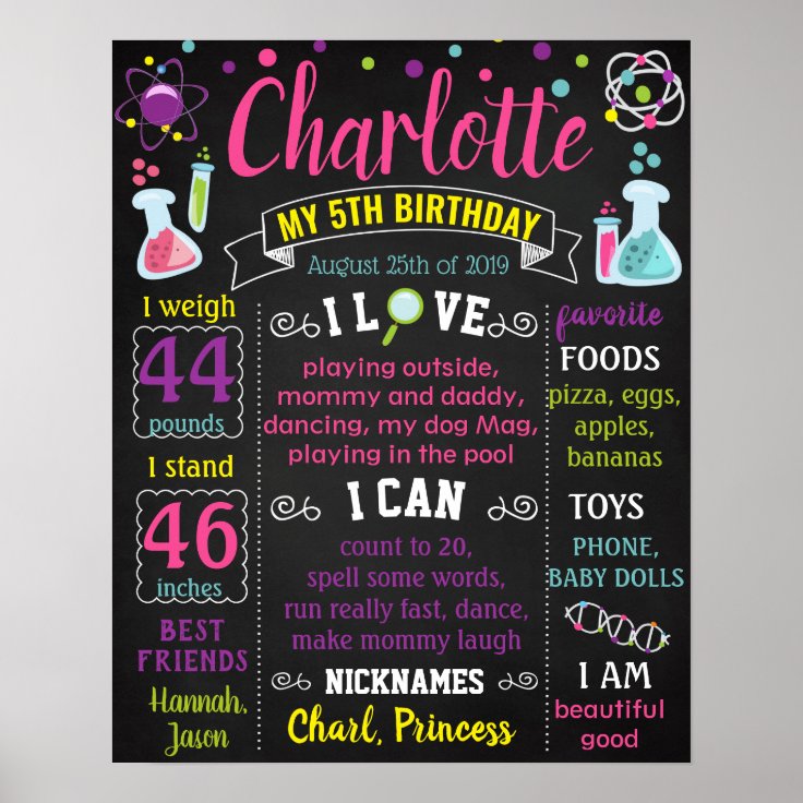 Science Mad Scientist Girl Birthday chalkboard Poster | Zazzle