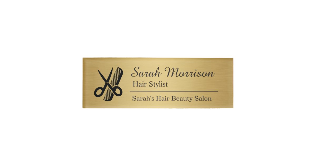 Scissors Comb Hair Stylist Salon Brushed Gold Name Tag | Zazzle