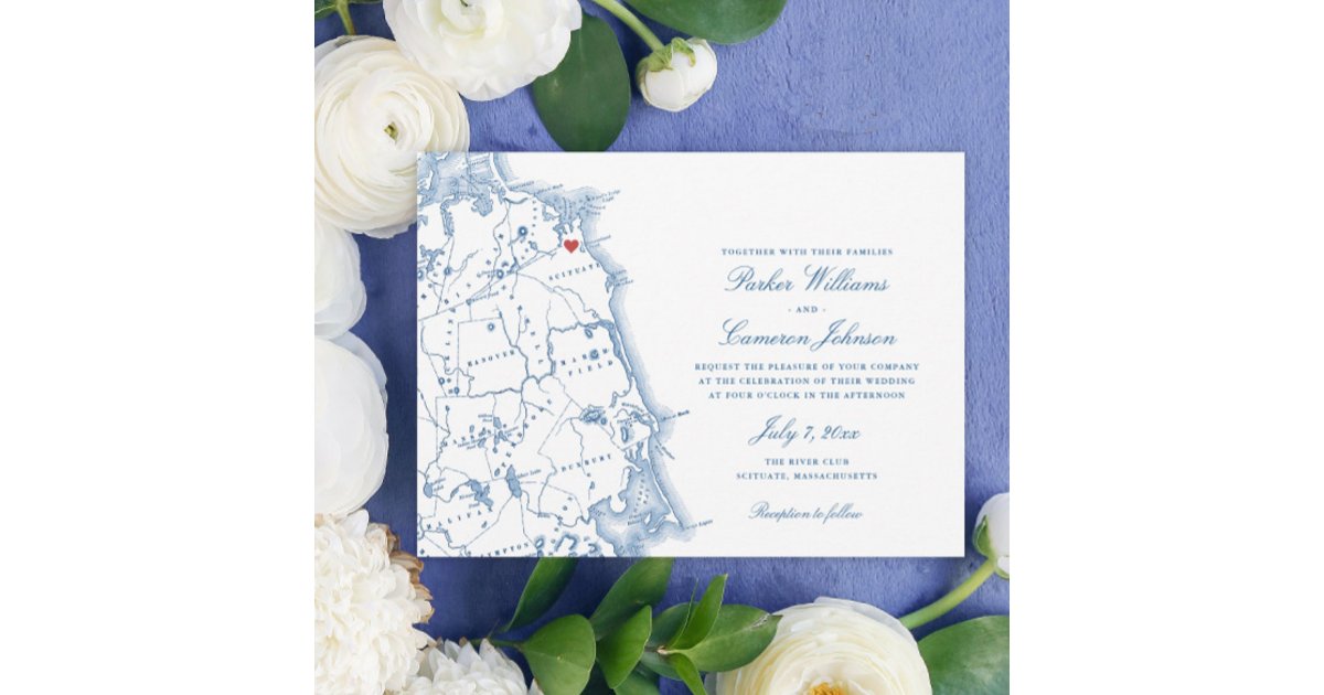Scituate Massachusetts Map Elegant Navy Wedding Invitation | Zazzle