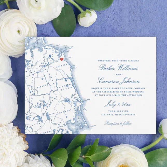 Scituate Massachusetts Map Elegant Navy Wedding Invitation | Zazzle