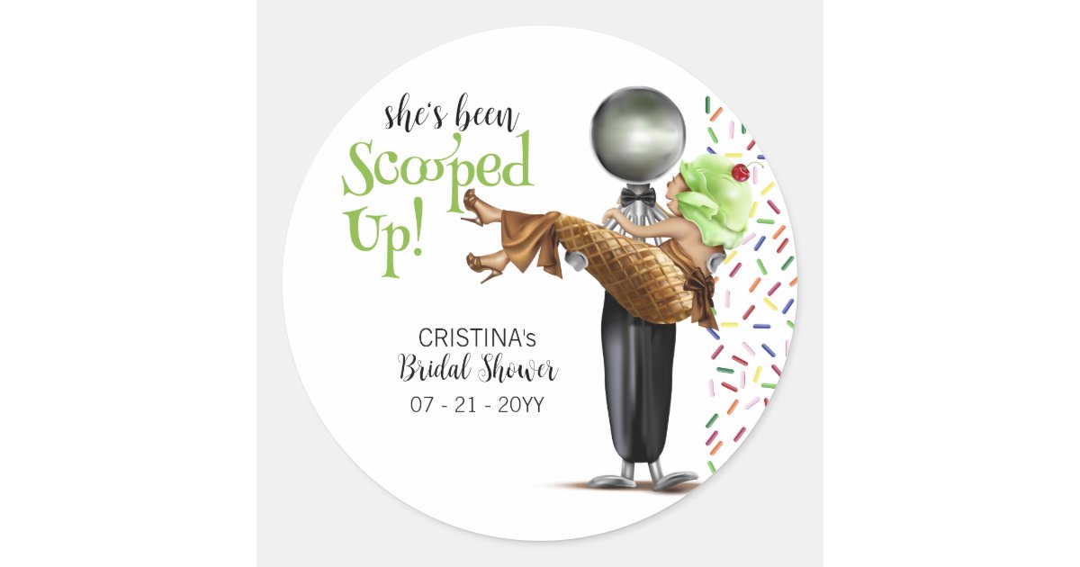 Scooped Up Chocolate Ice cream Bridal Shower Classic Round Sticker | Zazzle
