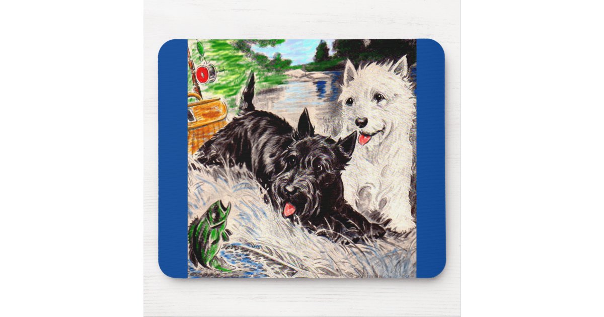 Scottie dogs Blackie and Whitie fishing Mouse Pad | Zazzle