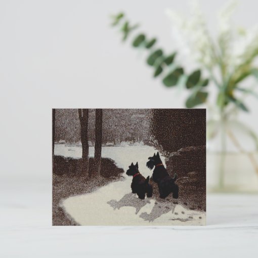 Scotties on Surreal Winter Night Postcard | Zazzle