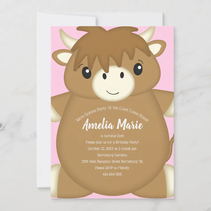 Scottish Highland Cow Birthday Party Pink Invitation | Zazzle