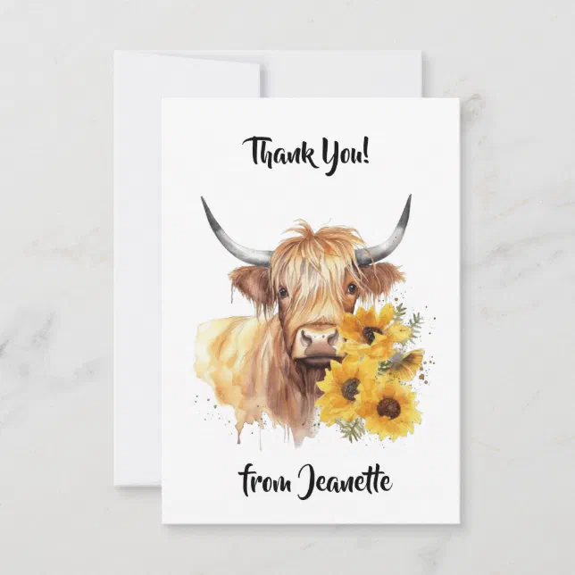 Scottish Highland Cow with Sunflowers. Editable Thank You Card | Zazzle