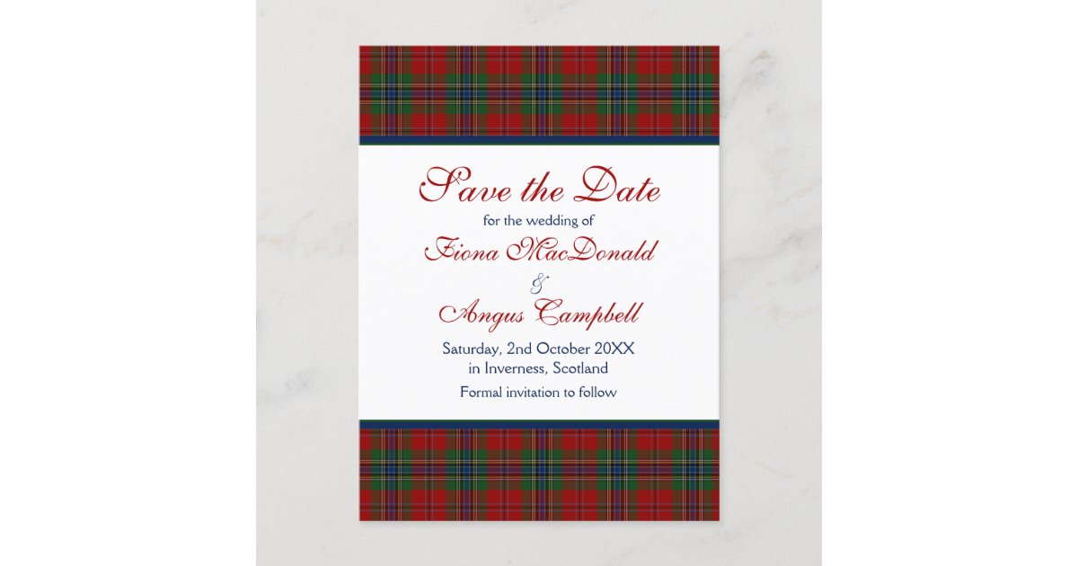 Scottish McLean MacLean Tartan Wedding Save a Date Announcement ...