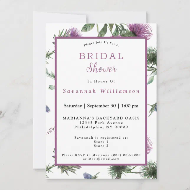 Scottish Purple Thistle Watercolor Bridal Shower Invitation | Zazzle