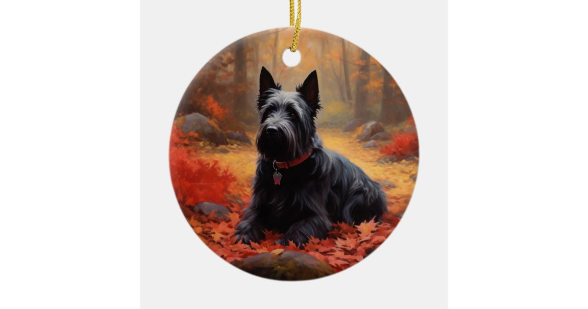 Scottish Terrier in Autumn Leaves Fall Inspire Ceramic Ornament | Zazzle
