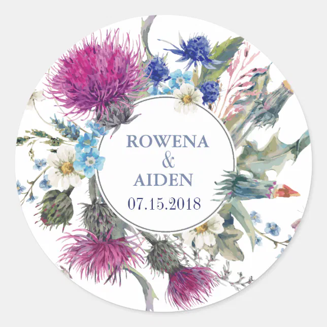 Scottish Thistle Floral Wedding Classic Round Sticker | Zazzle