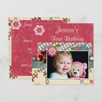 Scrapbook Style Girls' 1st Birthday Photo Invitation | Zazzle