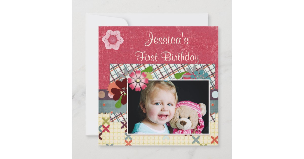 Scrapbook Style Girls' 1st Birthday Photo Invitation | Zazzle