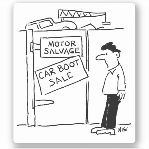 Scrapyard Has Car Boot Sale Cartoon. Sticker | Zazzle